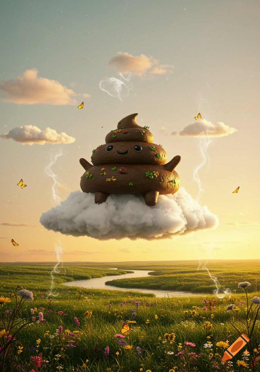 Cute cartoon poop emoji with wings flying around Earth in space with a ...