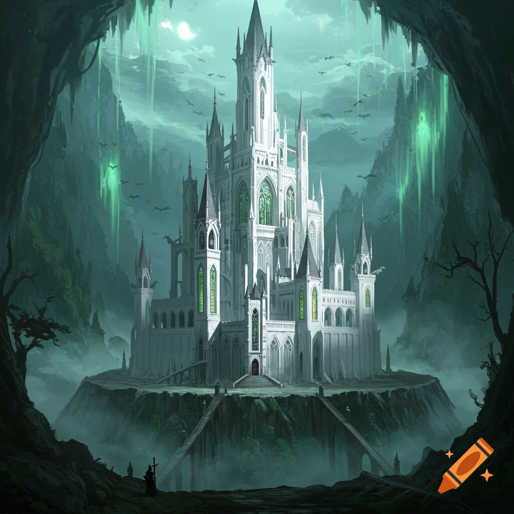 An elegant, towering elven city castle with spires and arches, nestled ...