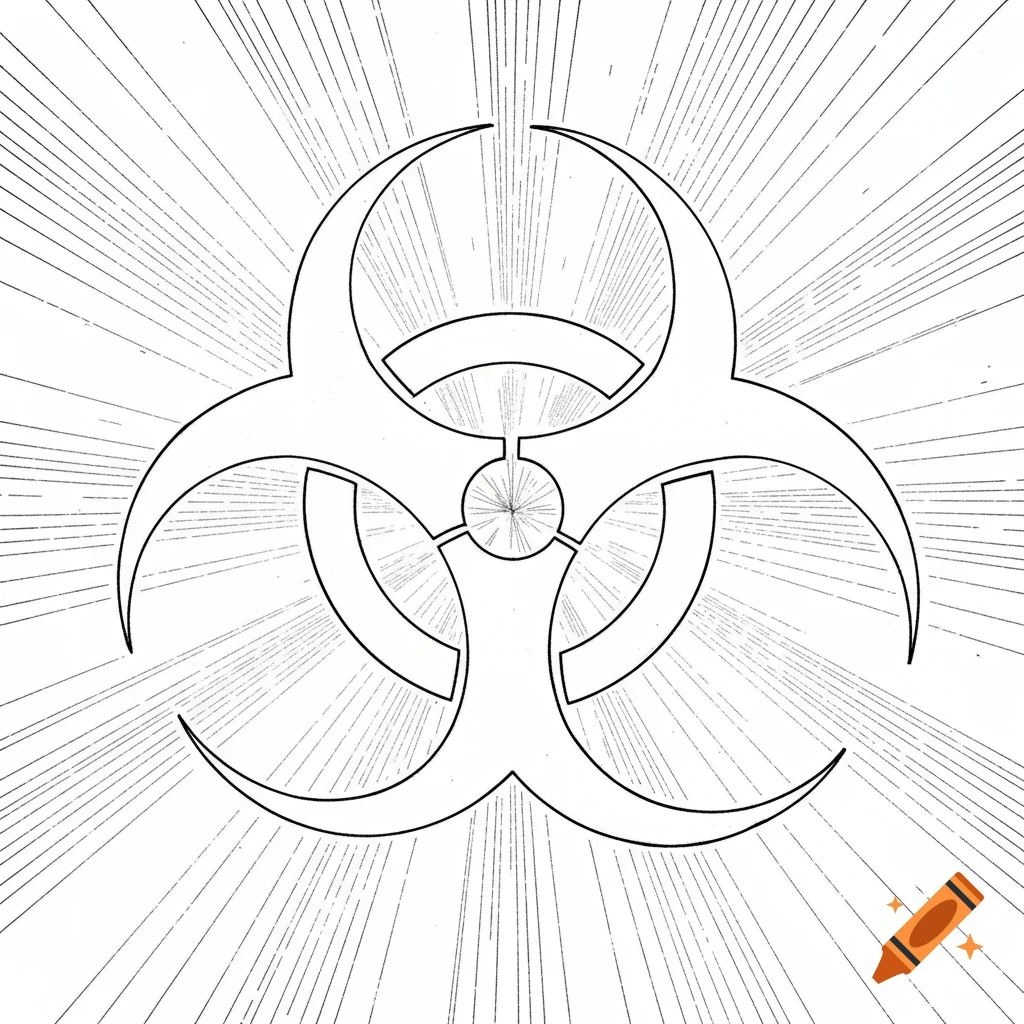A black and white line drawing of a biohazard symbol with radial lines ...