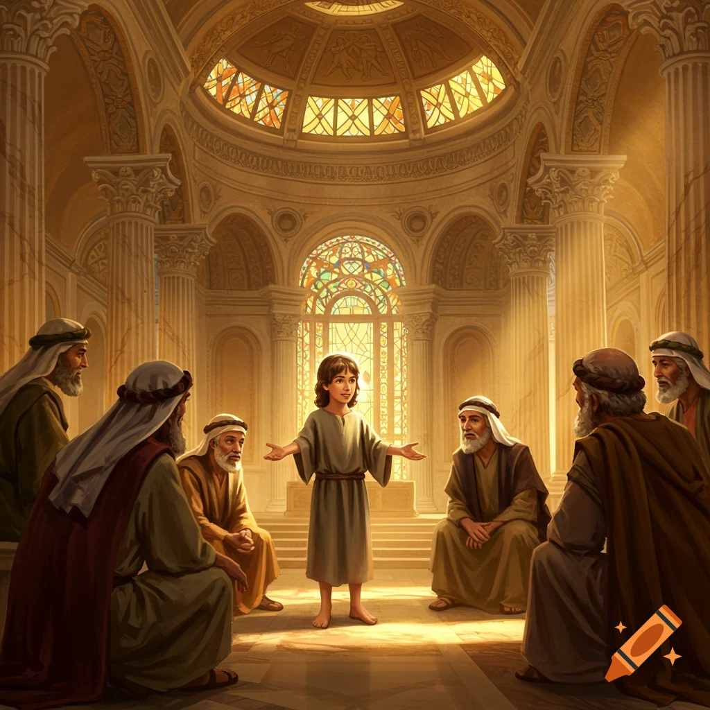 Young Jesus teaching older men in a grand temple with stained glass ...