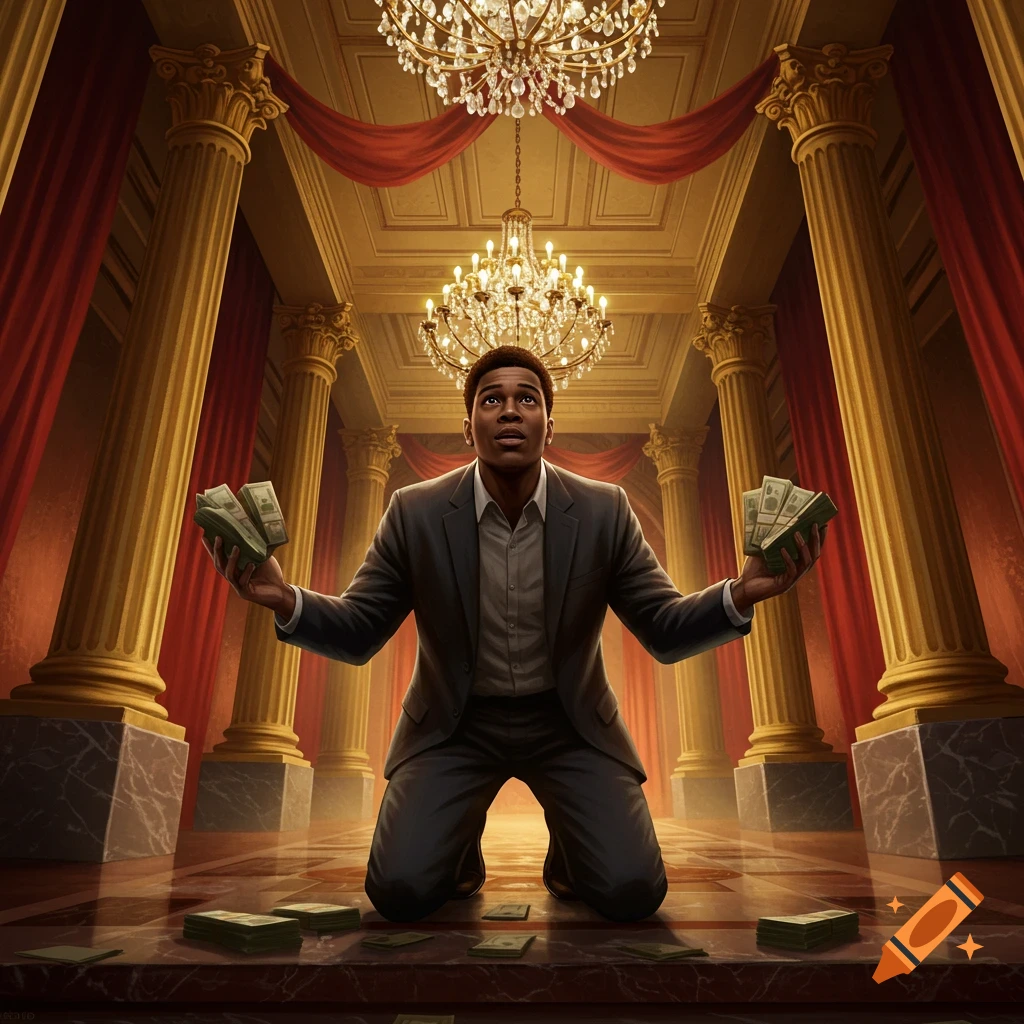 A man on his knees, holding stacks of money, looks up in a grand hall ...