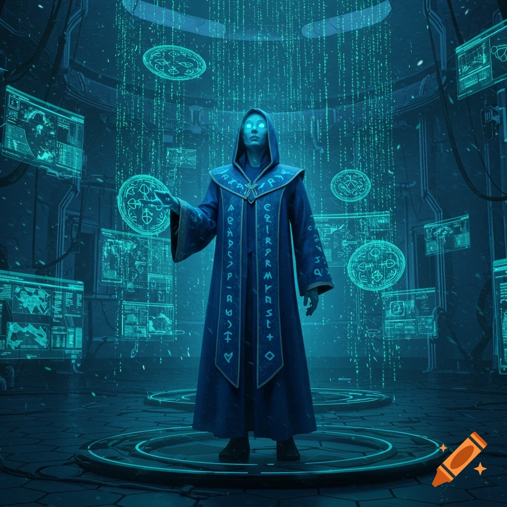 A robed figure with glowing eyes stands in a futuristic chamber with ...