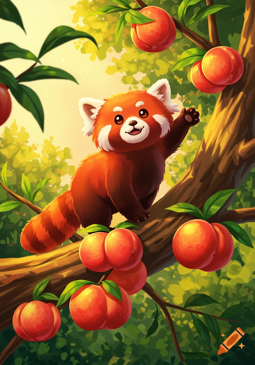 A cute cartoon red panda with big eyes waves from a tree branch ...
