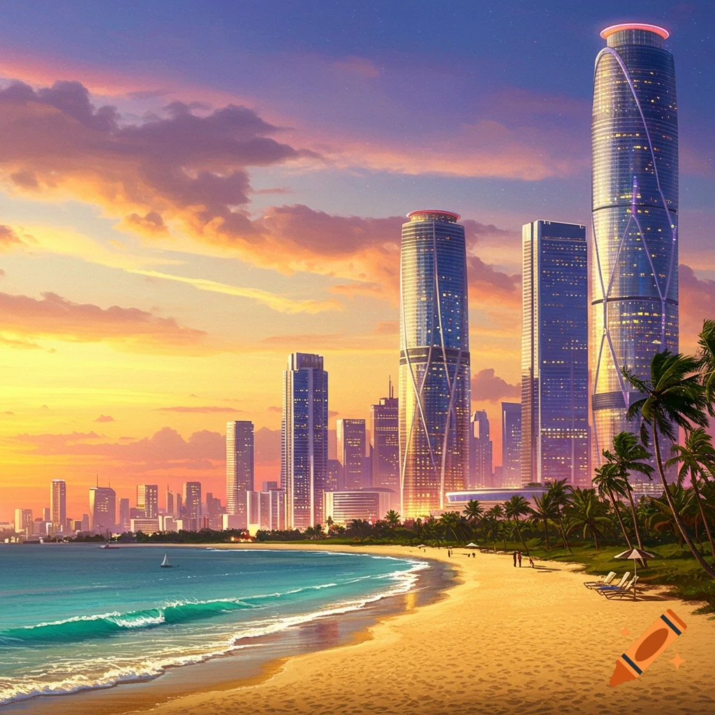 A vibrant sunset illuminates a city of modern skyscrapers overlooking a ...