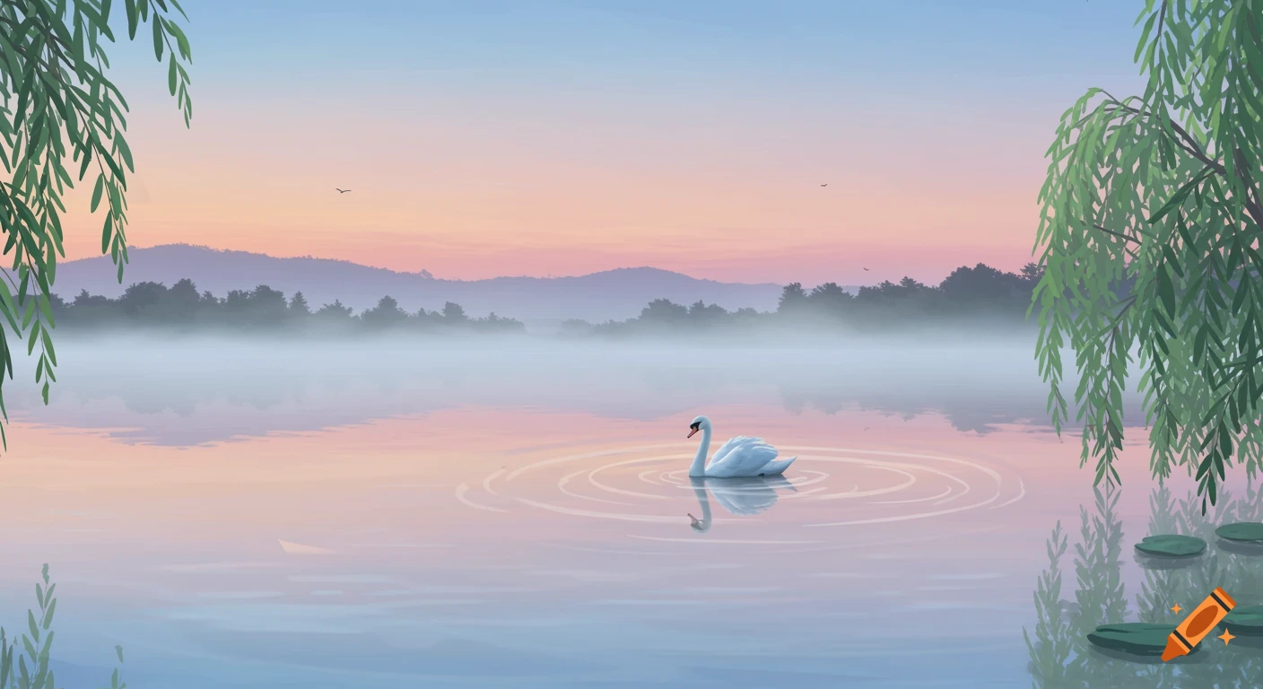 A human hand points at a black swan among white swans in a misty ...