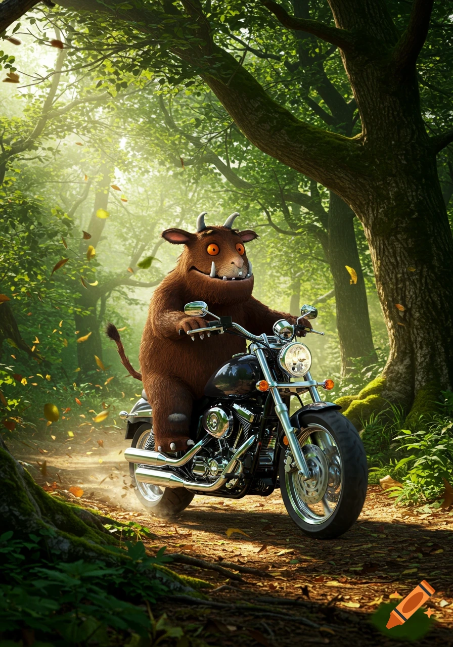 A large, hairy Sasquatch rides a black motorcycle down a dirt path ...