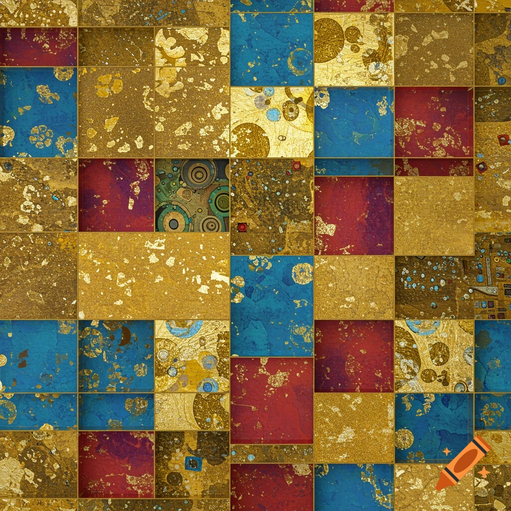 A vibrant grid of textured squares in gold, blue, and red, resembling a ...