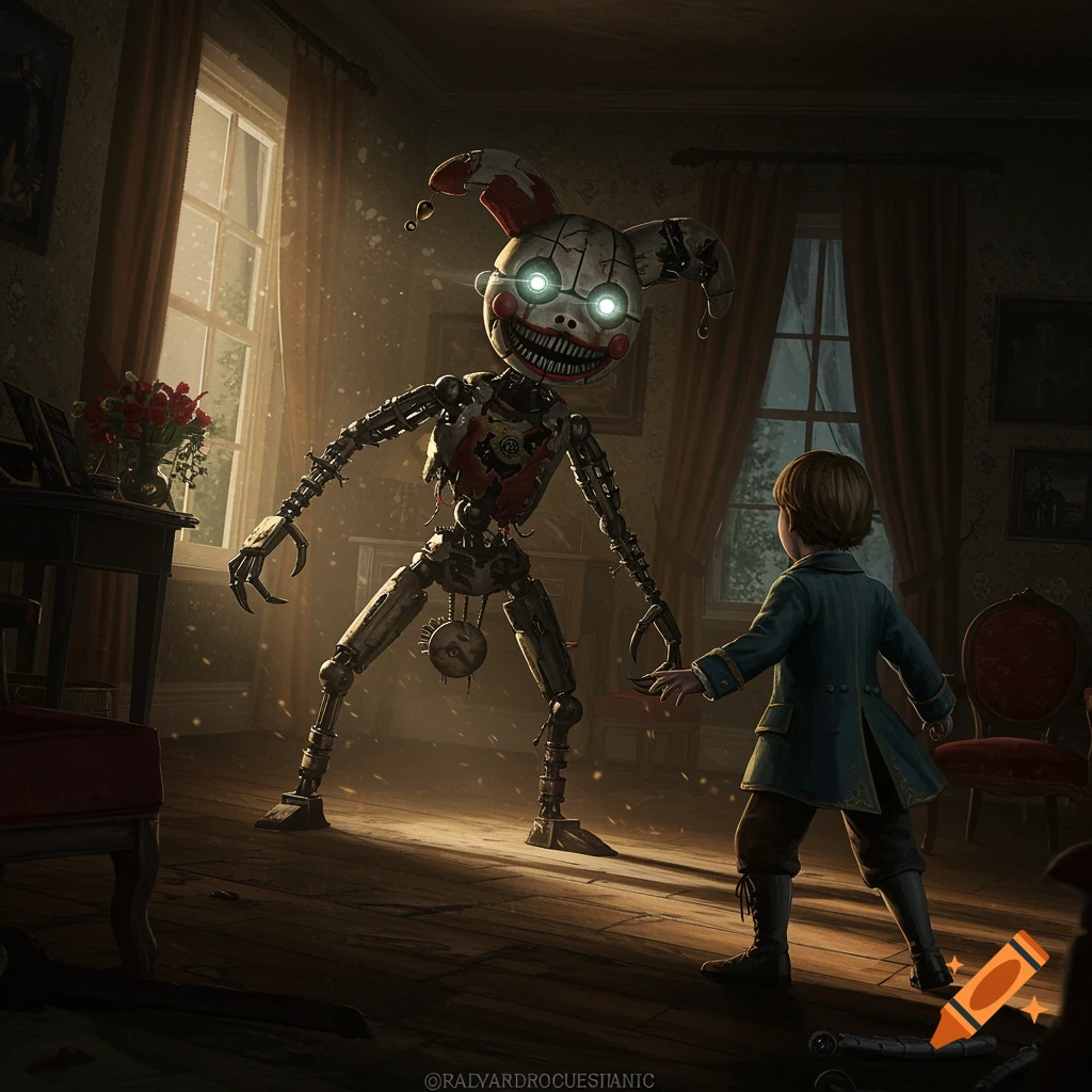 A creepy animatronic with glowing eyes and a cracked face confronts a ...