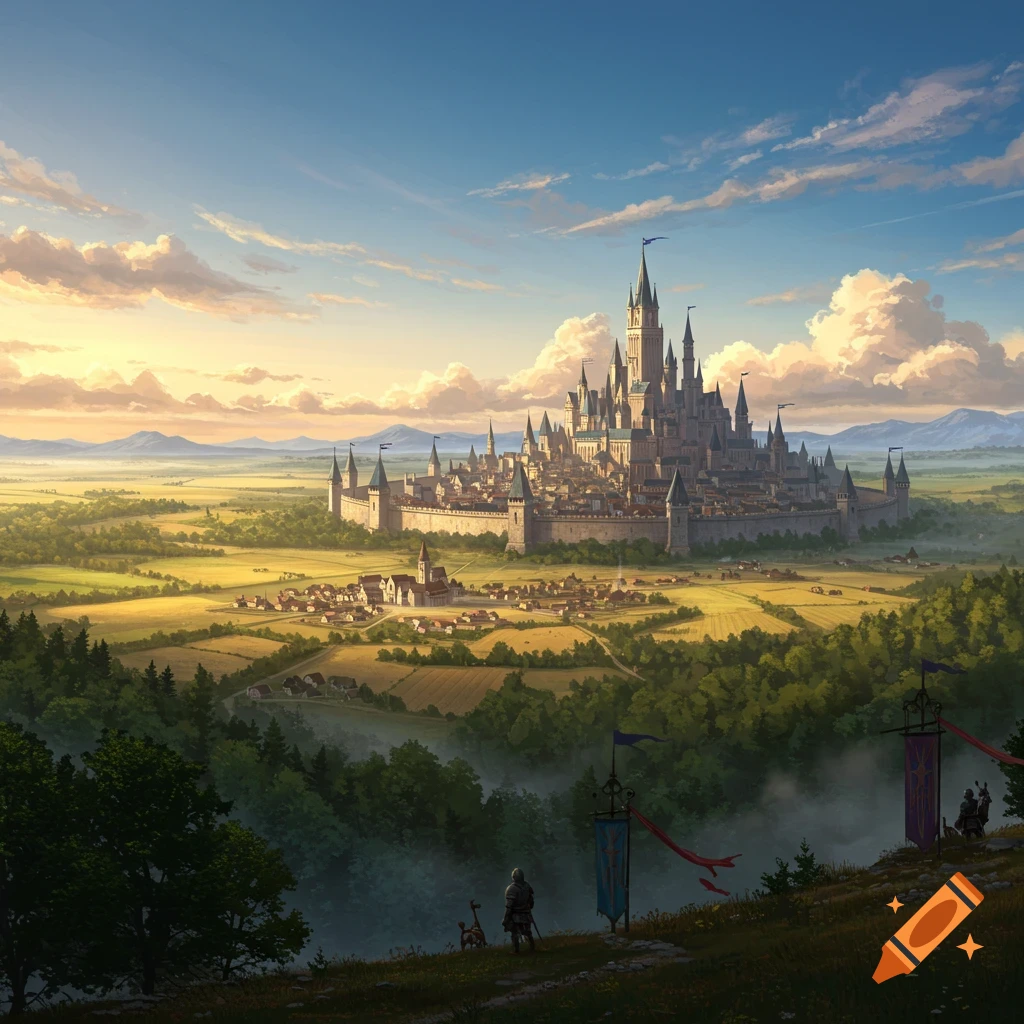 A sprawling fantasy castle city surrounded by fields and forests ...