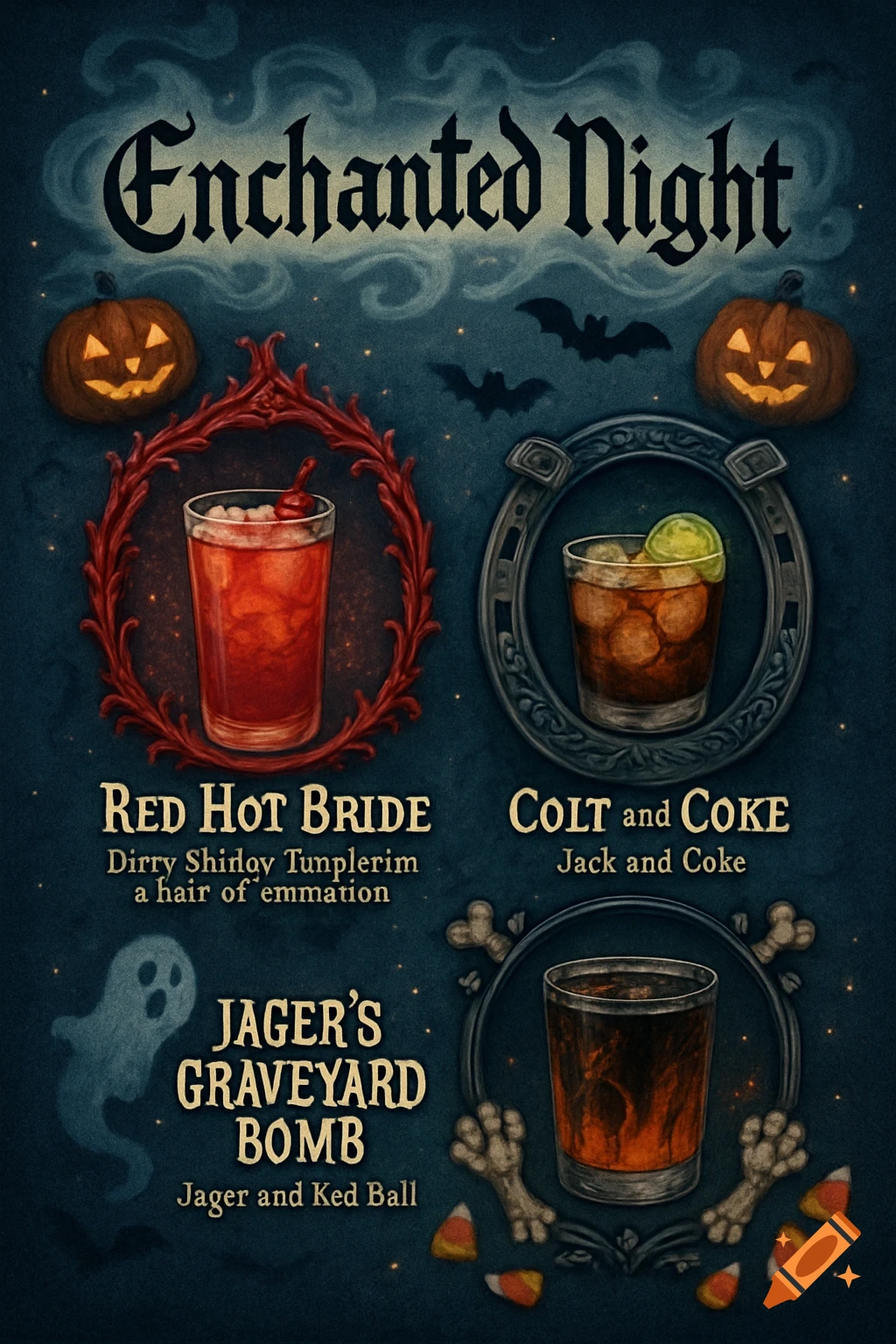 A dark, Halloween-themed drink menu poster featuring three spooky ...