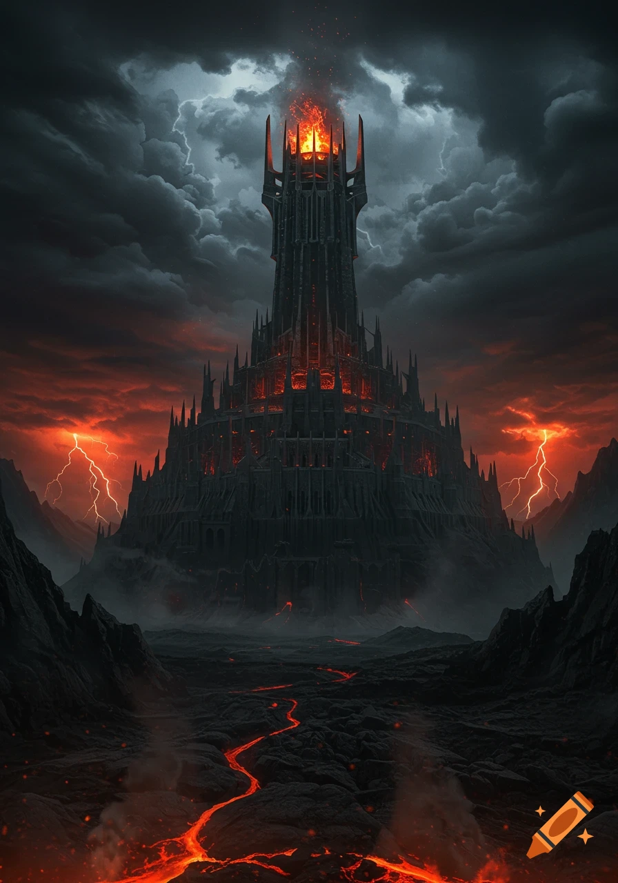 A massive stone gate with glowing red light at the bottom, set between ...