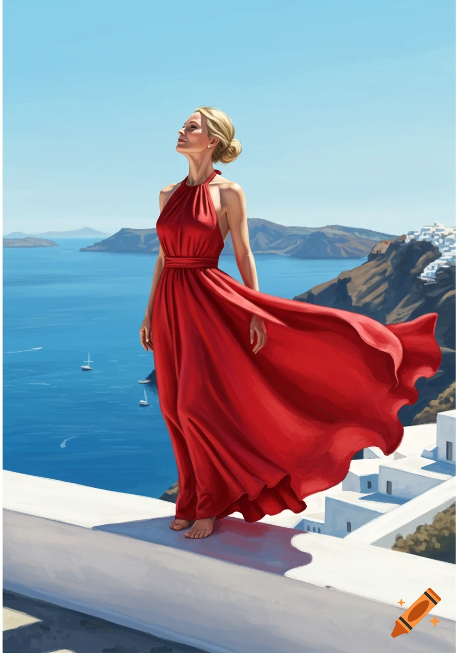 A woman in a flowing red dress stands on a white ledge overlooking a ...