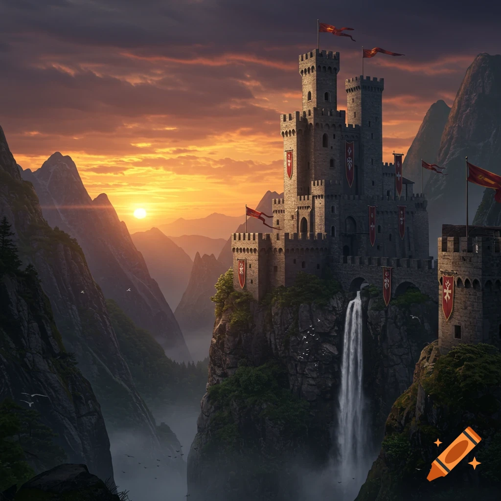A dark, cracked lava castle with glowing rivers and waterfalls under a ...