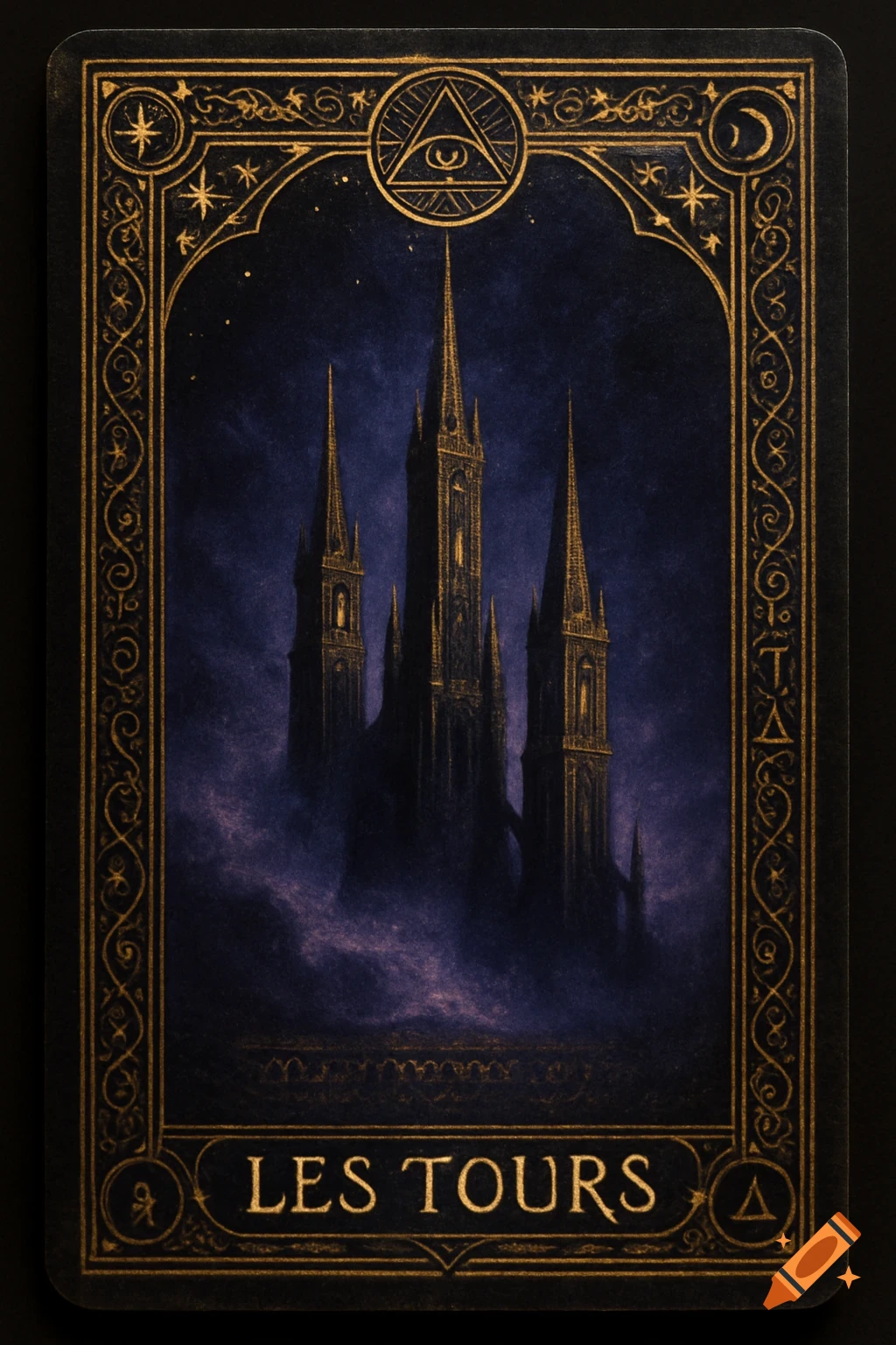A dark mystical tarot card with ornate gold borders featuring tall ...