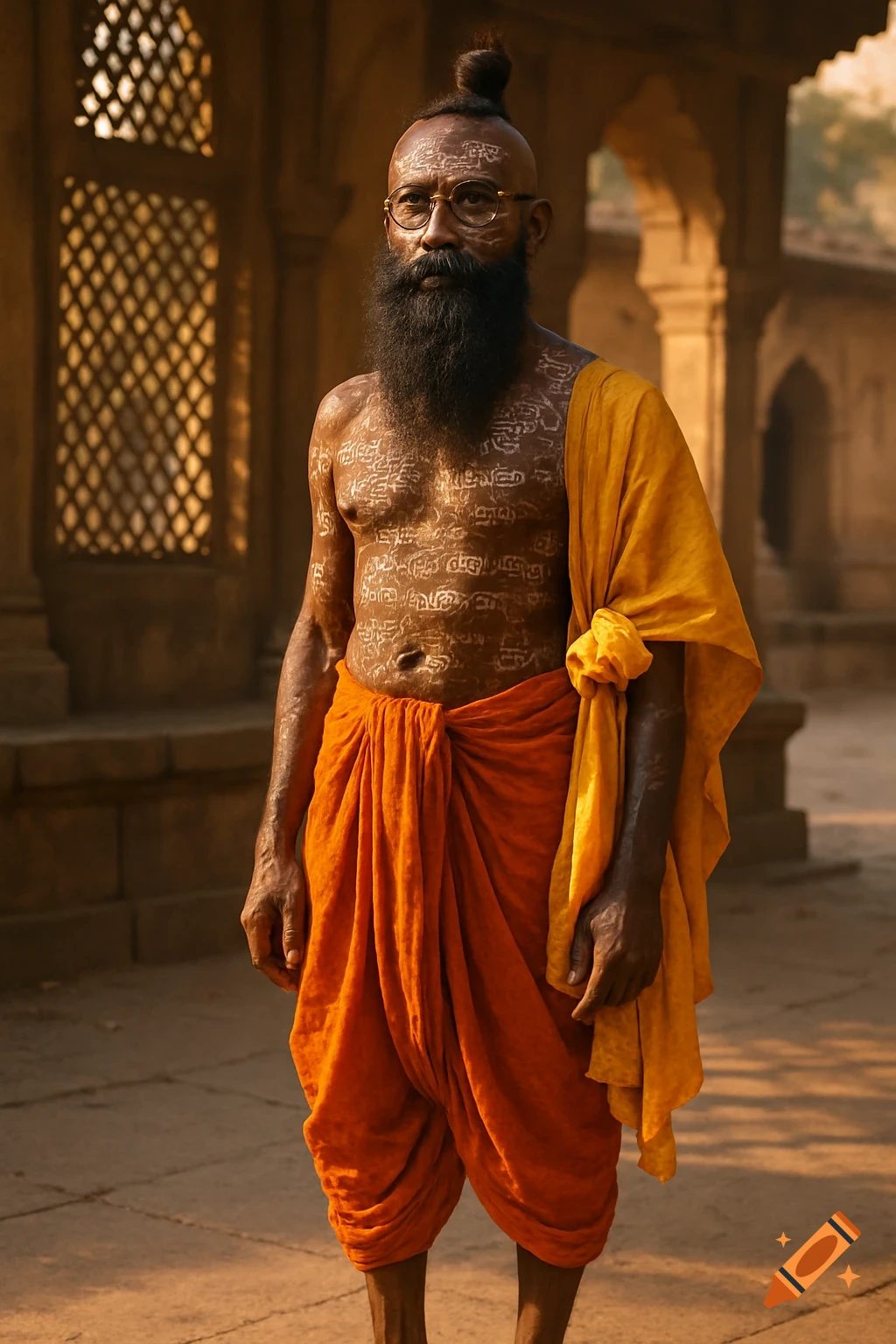 Photorealistic portrait of an Indian man with a topknot, long beard ...