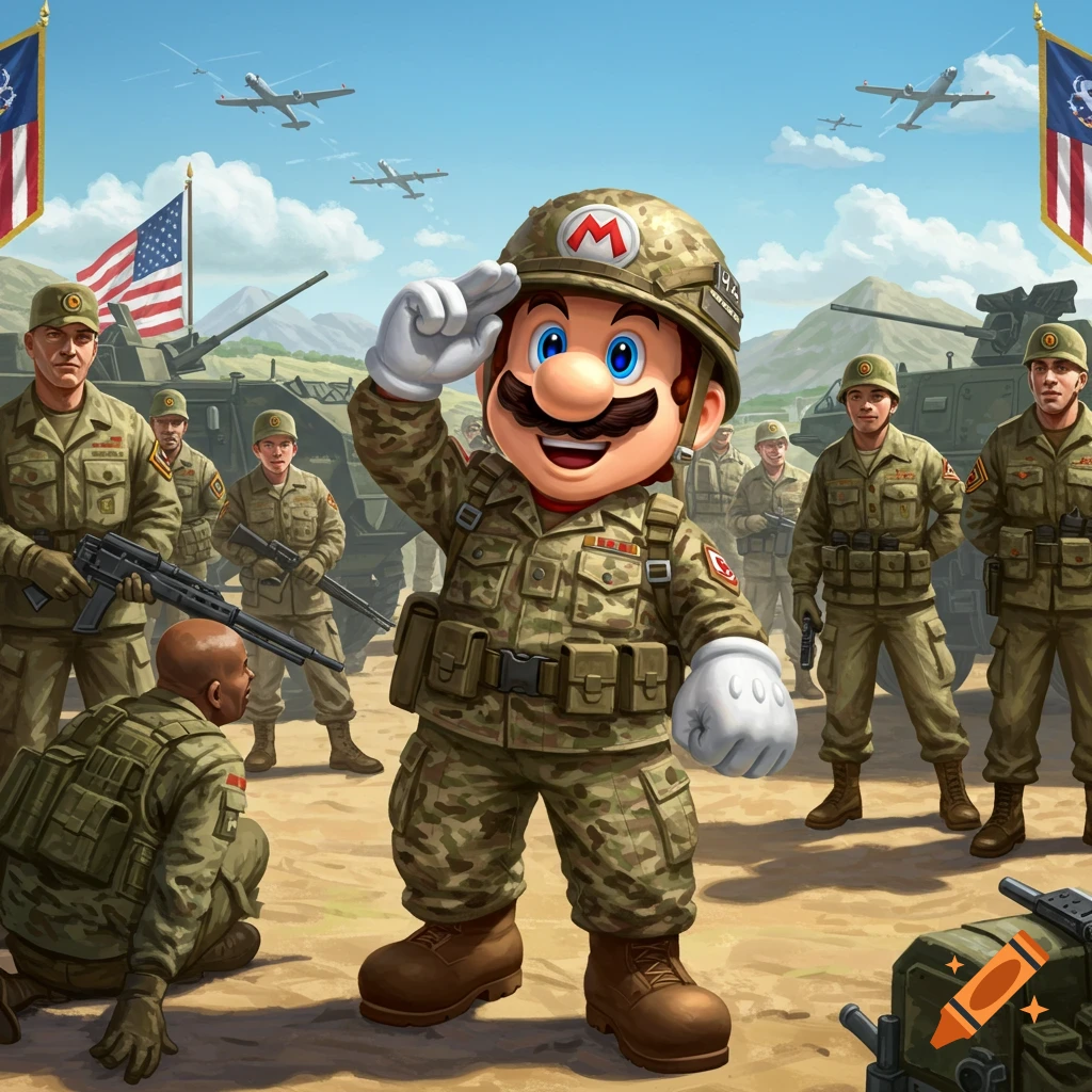 Mario in military uniform salutes amidst soldiers, tanks, and planes in ...