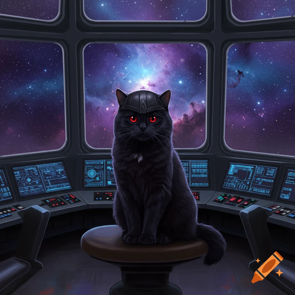 A black cat with red eyes and a dark helmet sits in a spaceship cockpit ...