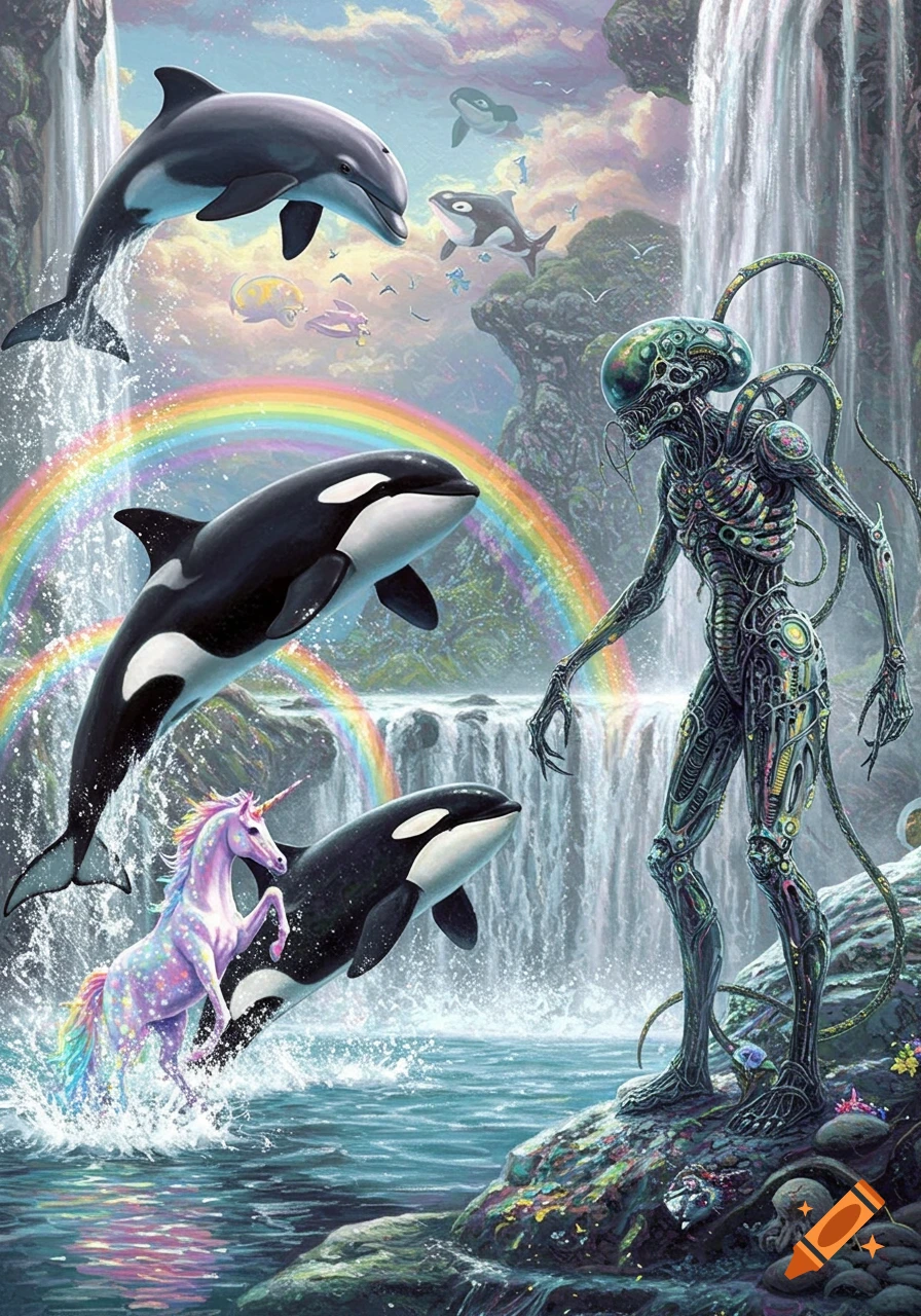 A vibrant, surreal fantasy scene with a Lisa Frank style rainbow ...