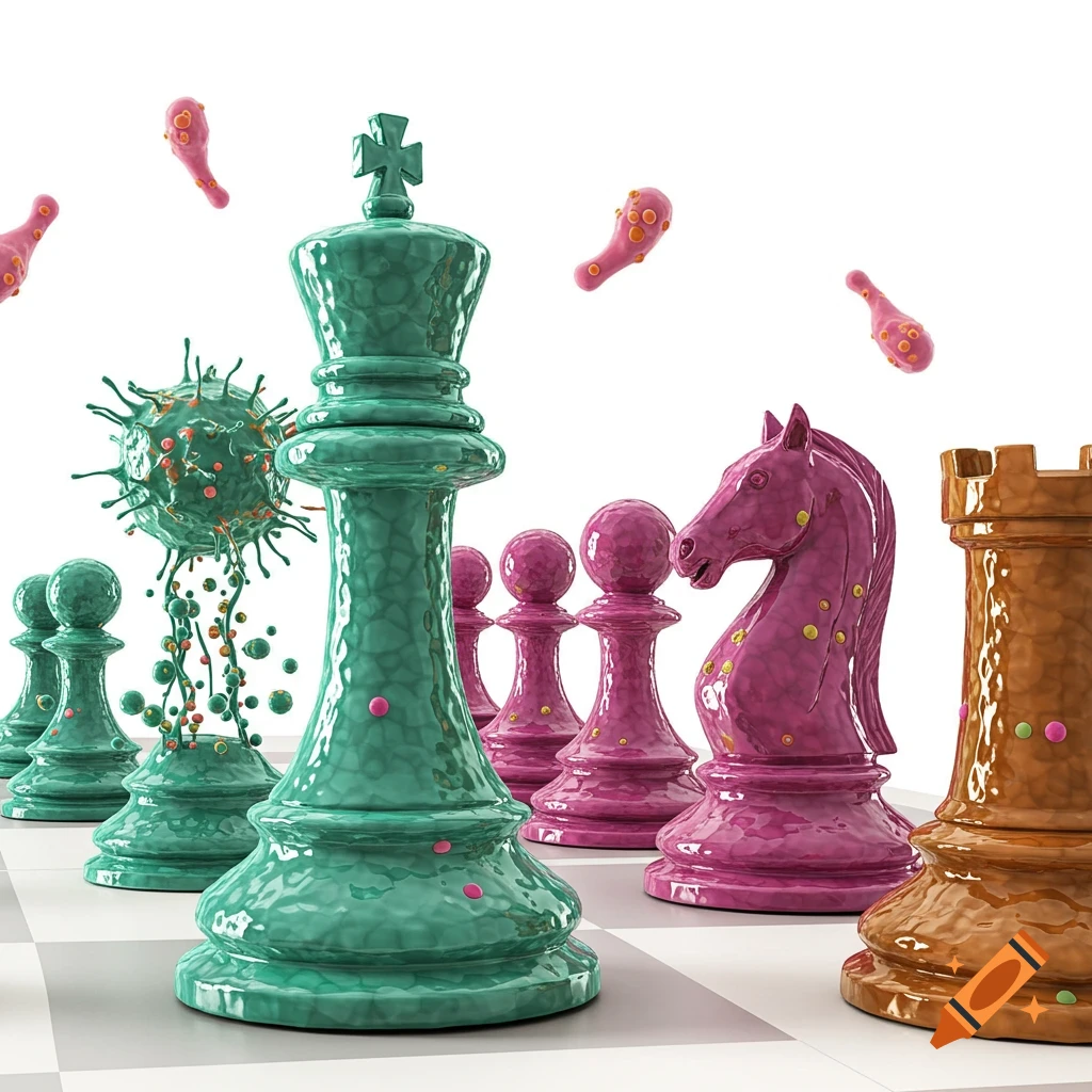Stylized, colorful 3D rendered chess pieces resembling cells and ...