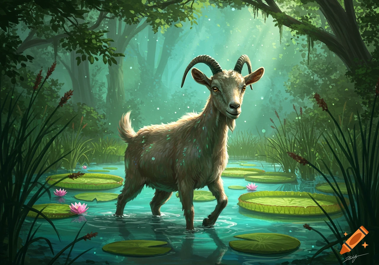 A brown goat stands in shallow blue water with lily pads and pink water ...