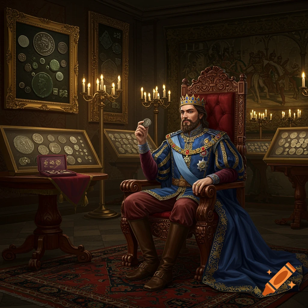 A majestic king in royal attire sits on a throne, examining a coin in a ...