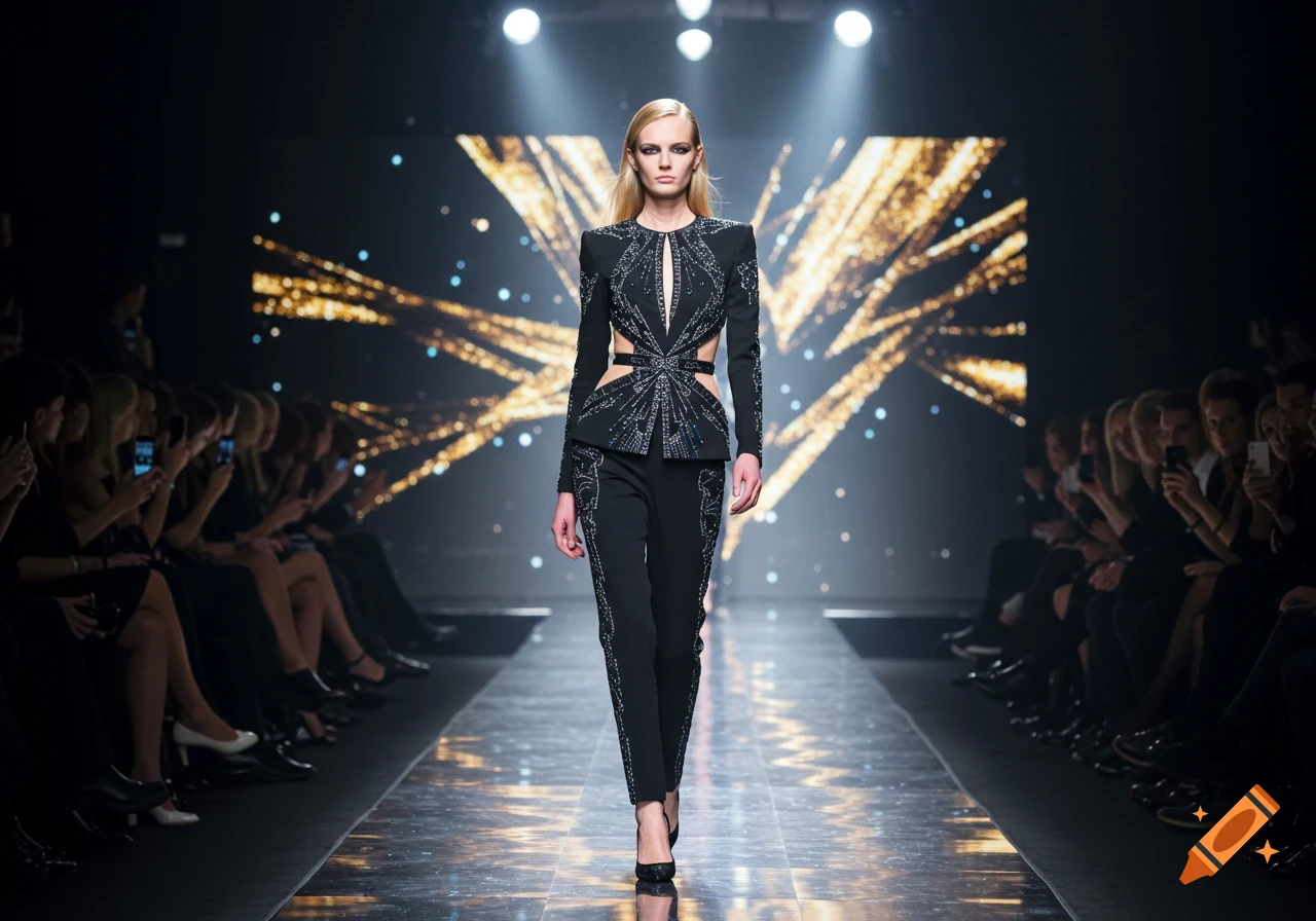 A model in a black, embellished outfit walks a dark runway with a ...