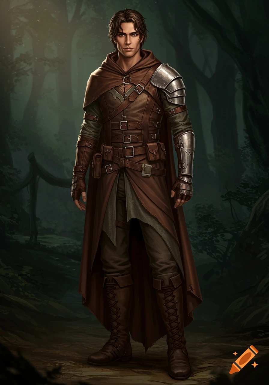 A handsome young man in a brown hooded cloak and leather armor stands ...