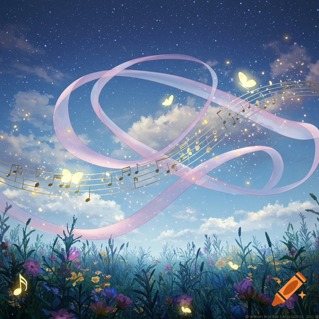 A mystical, glowing landscape with golden musical notes floating in a ...