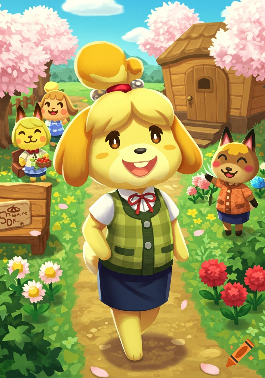 Isabelle and other Animal Crossing villagers walk along a path in a ...