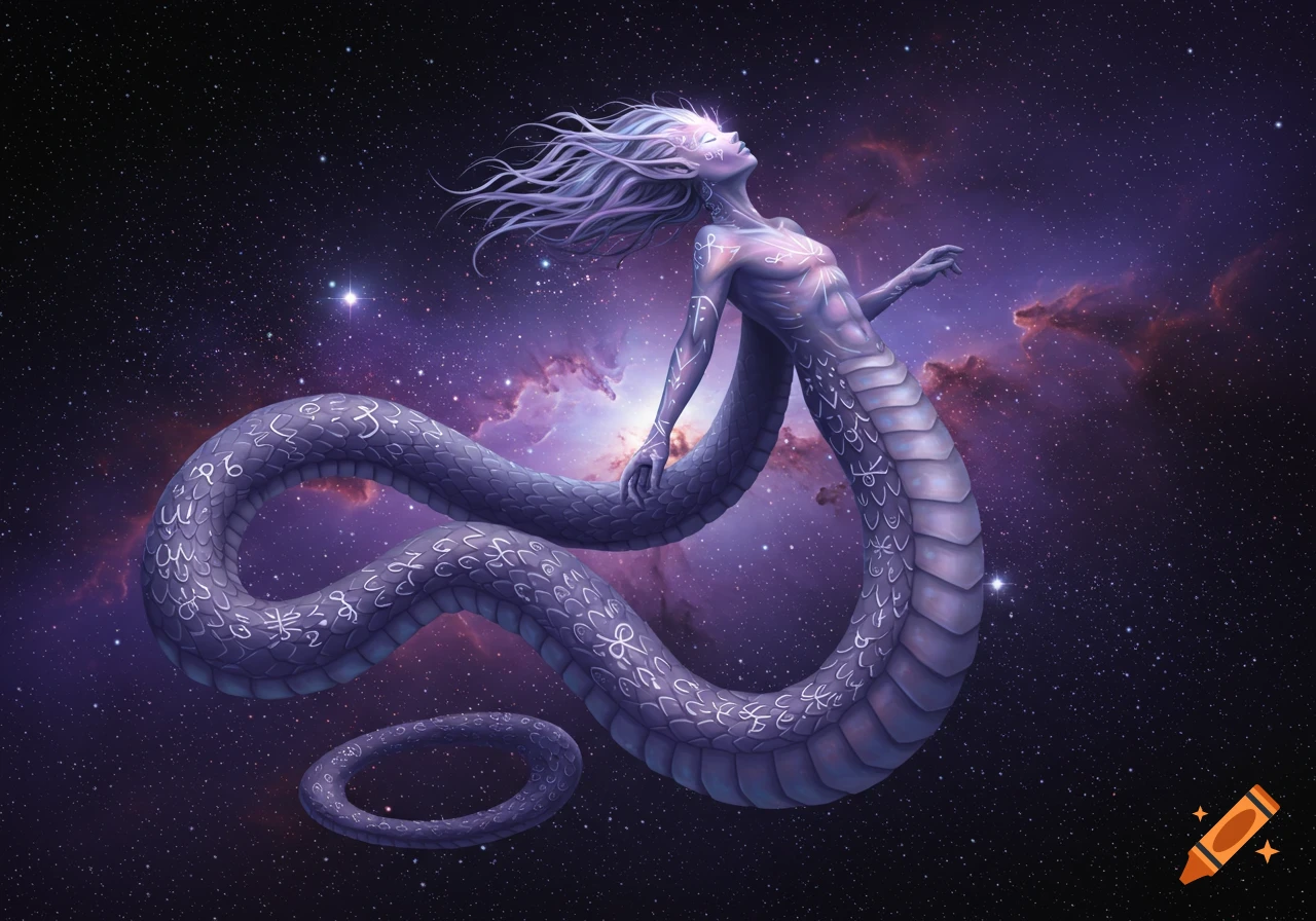 A man with blue scales on his body and face, merging with blue snakes ...