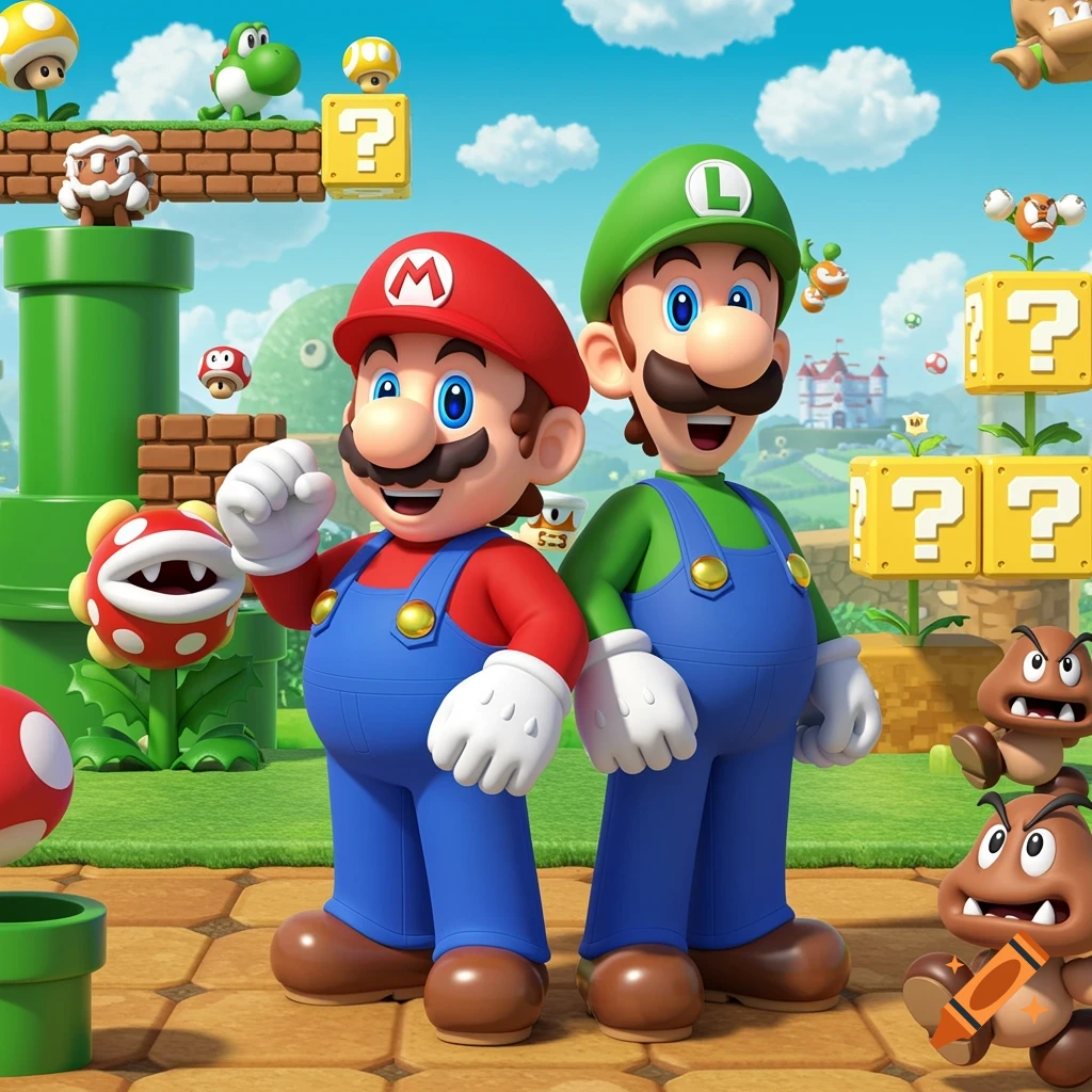 Luigi stands in a vibrant 3D Super Mario world, holding a yellow ...