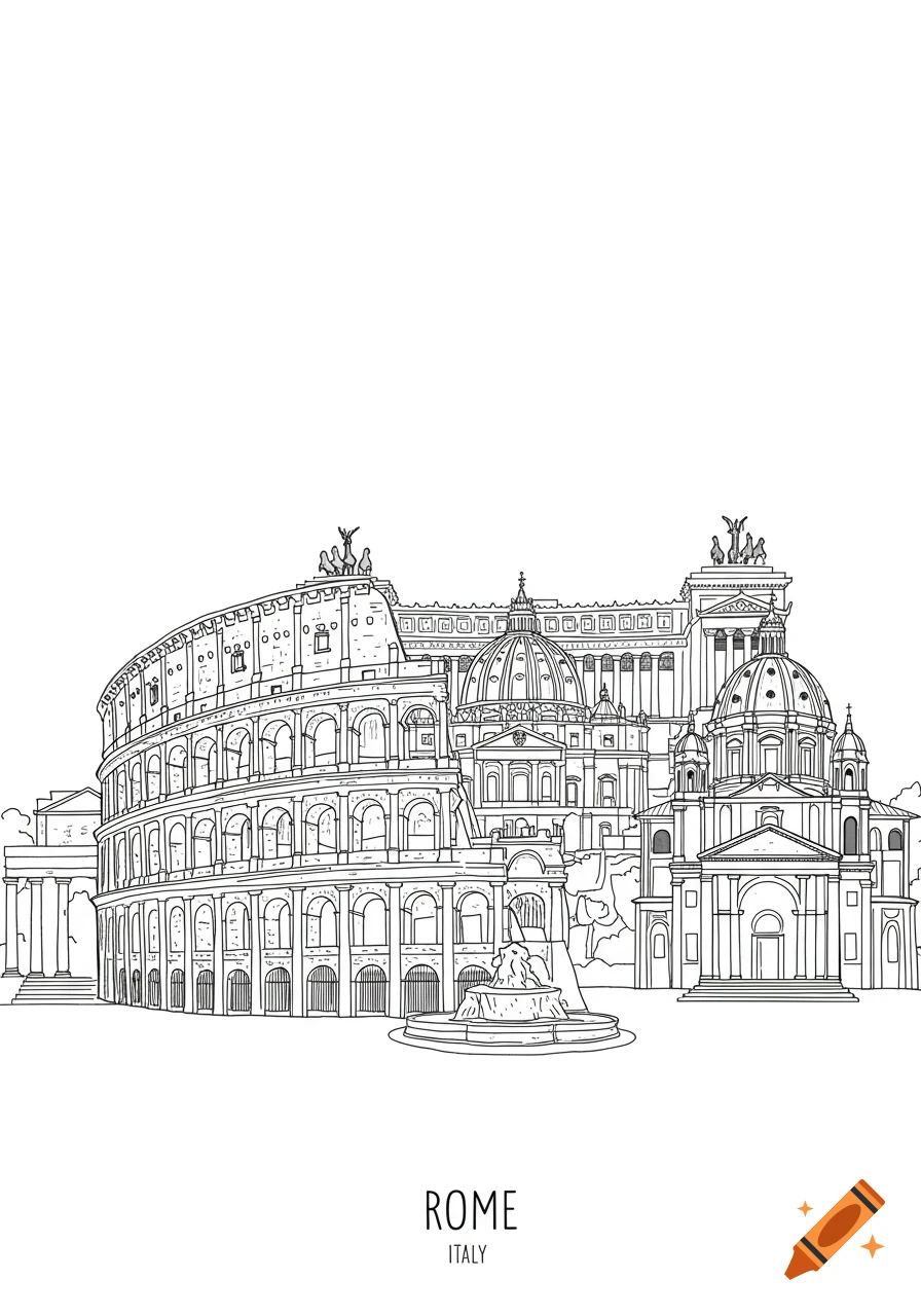 A black-and-white line art illustration of Rome's iconic landmarks ...