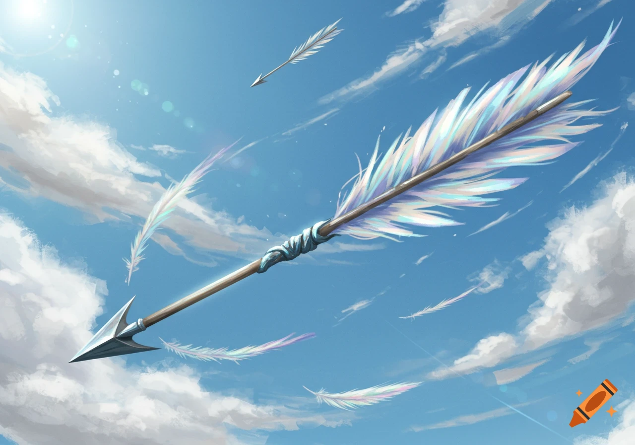 A humanoid blue jay archer in light armor flies across a blue sky with ...