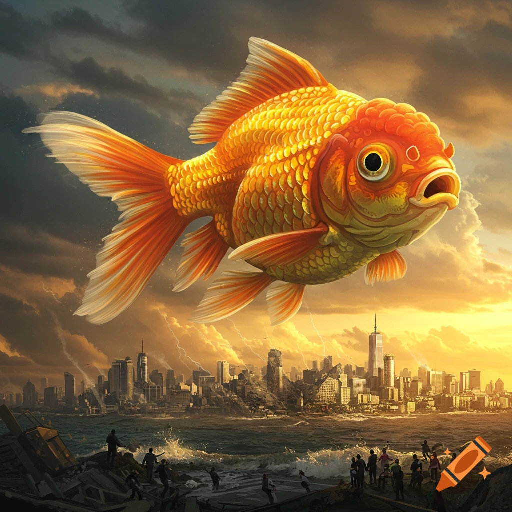 A vibrant orange goldfish swims in a glowing blue-green glass bowl ...