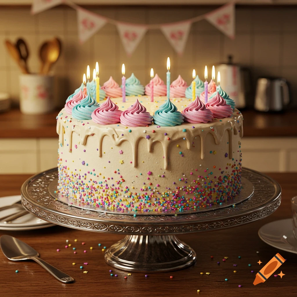 Photorealistic birthday cake with white frosting, colorful sprinkles ...