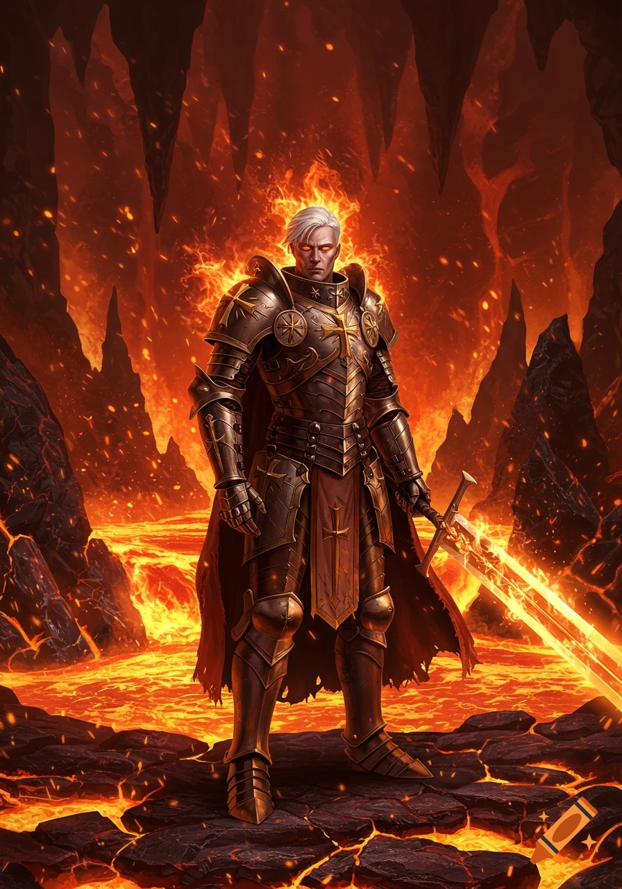 A paladin in ornate golden armor with a flaming sword stands in a lava ...