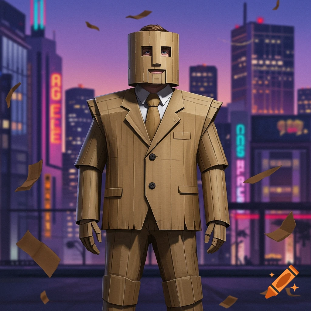 A man in a detailed cardboard suit stands in a vibrant purple and ...