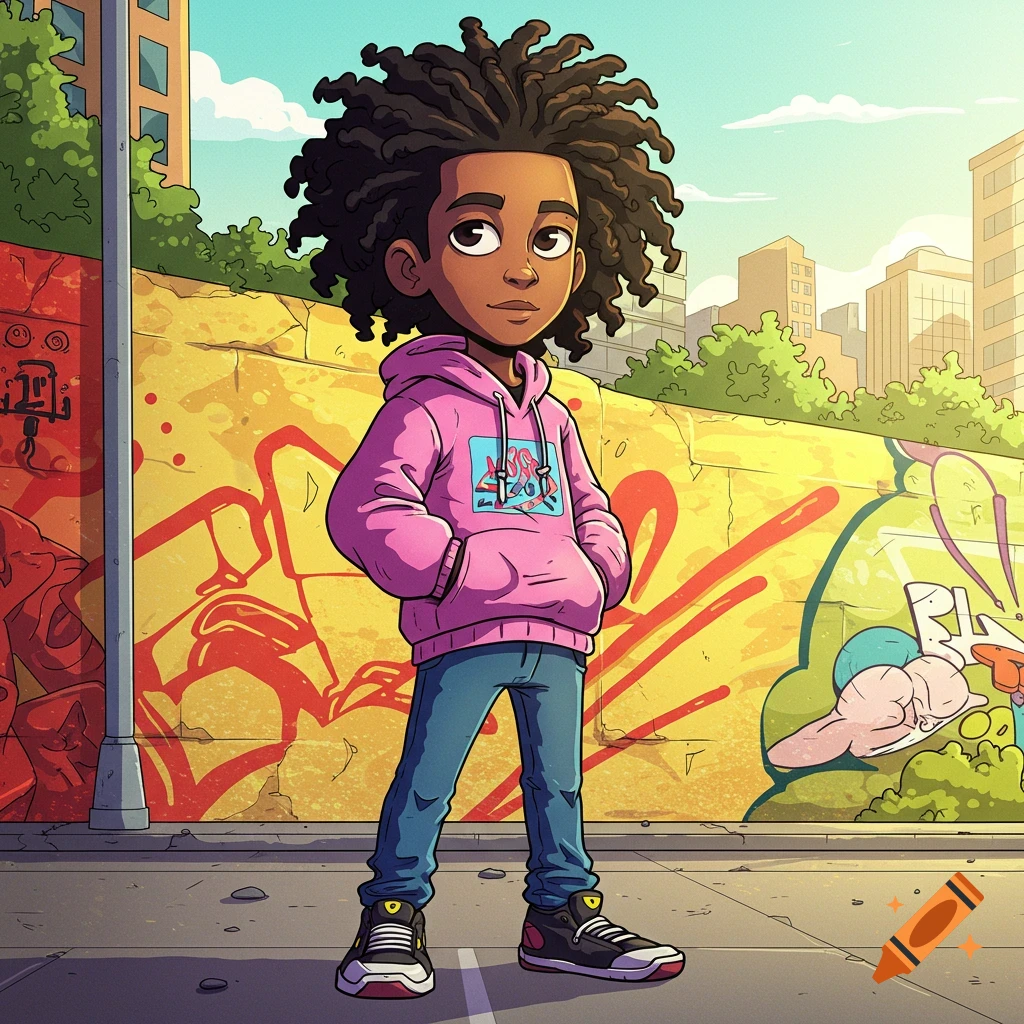 Cartoon of a short, bearded man in a black shirt and grey pants leaning ...