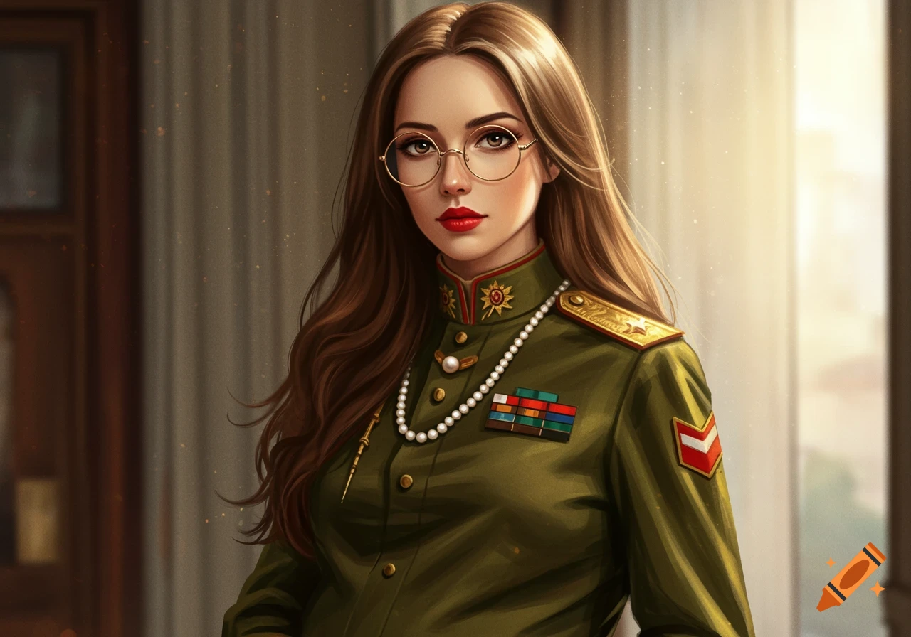 A digital art portrait of a woman with long brown hair, round glasses ...