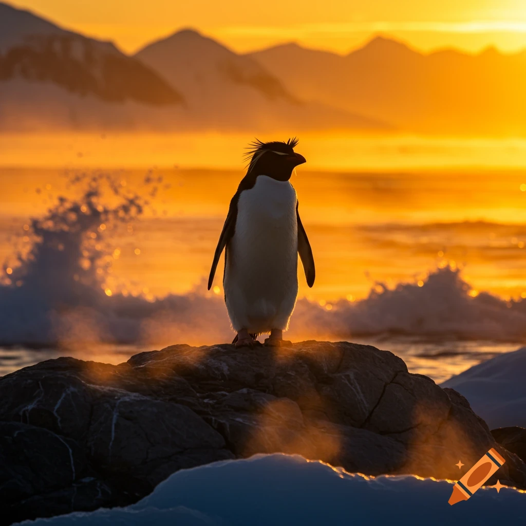 A Rockhopper penguin stands on rocks with waves crashing in the ...