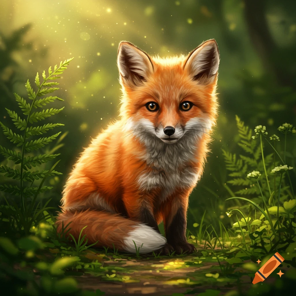 A cute red fox sitting in a sunlit forest with green foliage. on Craiyon