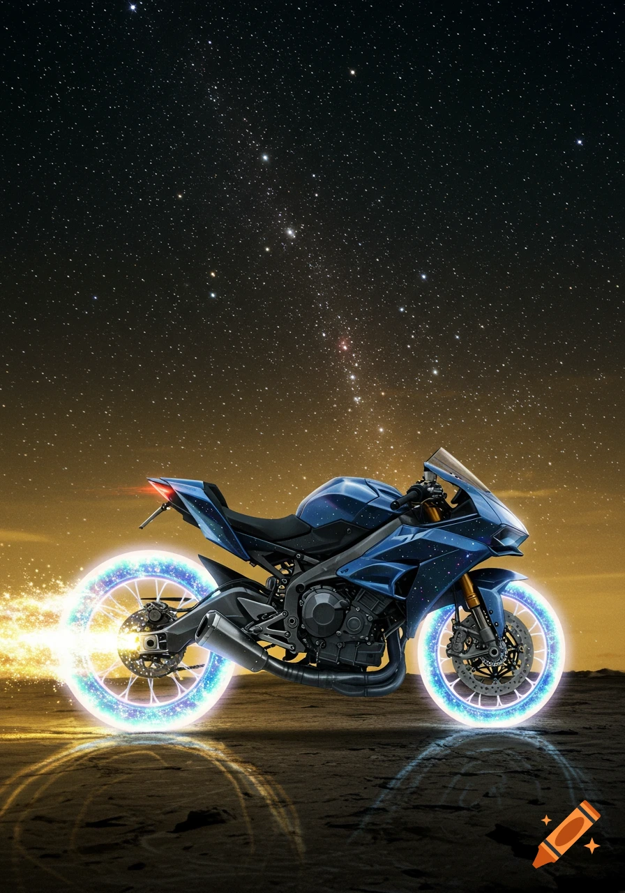 A blue futuristic motorcycle with glowing wheels on a barren landscape ...
