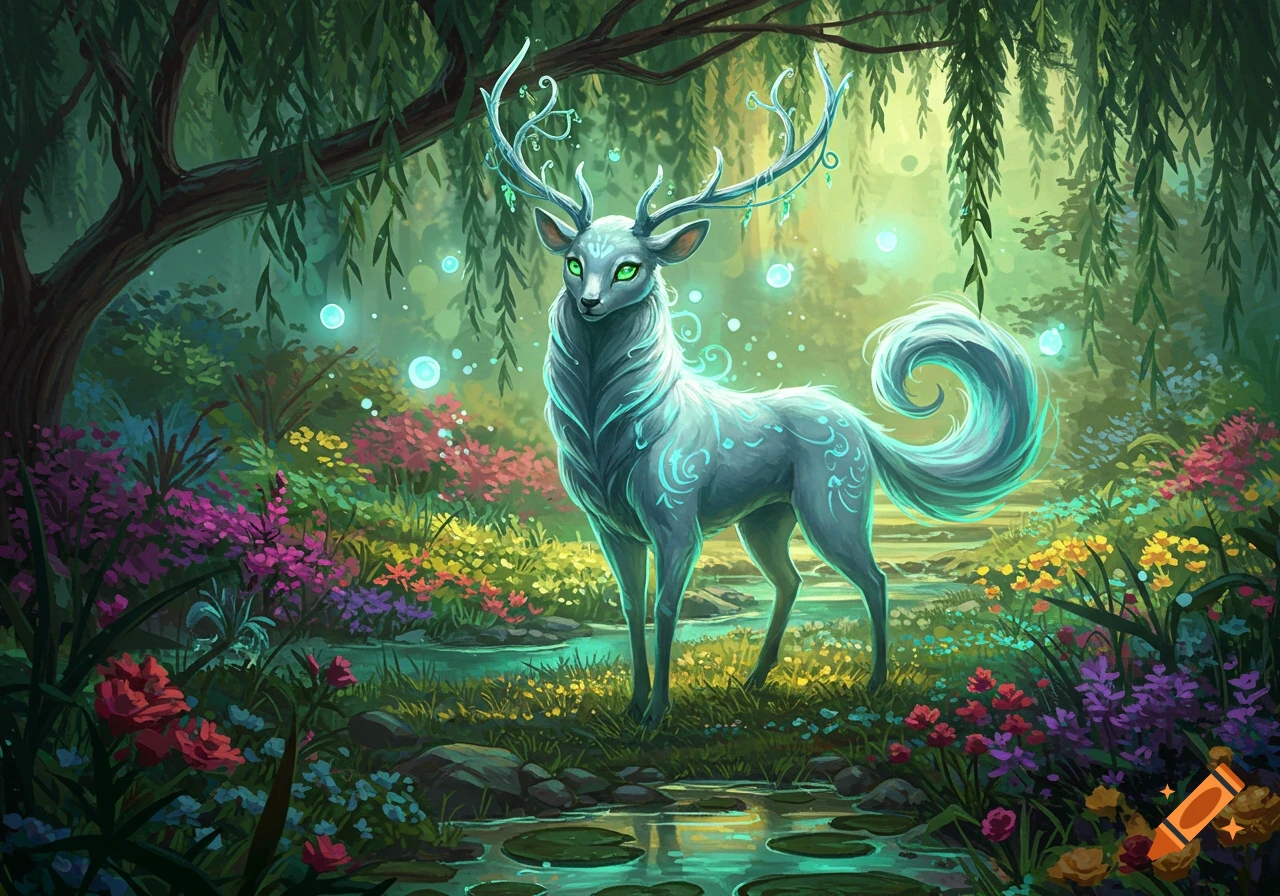 A luminous blue deer with glowing antlers and bright green eyes stands ...