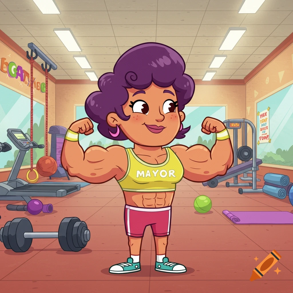 A cartoon woman with purple hair, wearing a yellow "MAYOR" crop top and ...
