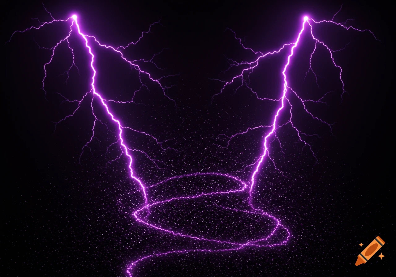 Two vivid purple lightning bolts strike down from the top, connecting ...