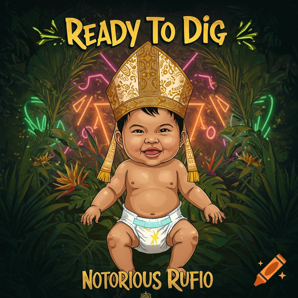 An illustration of a smiling baby in a diaper and golden pope hat in a ...