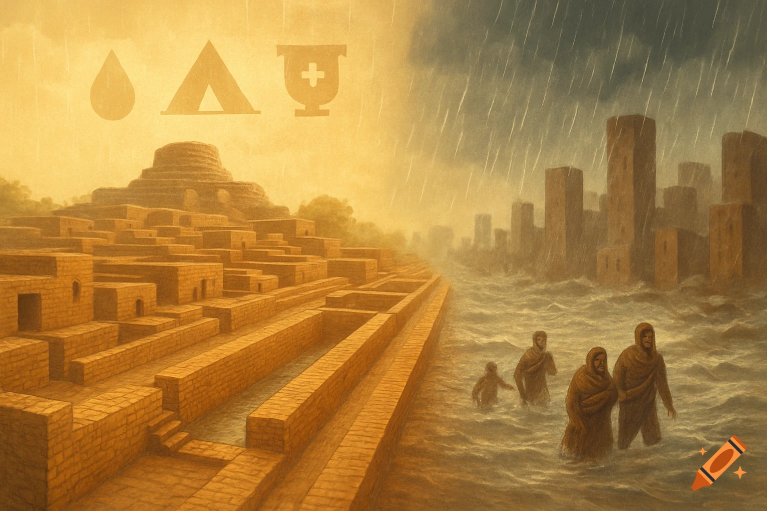 A yellow, rectangular prism figure kneels in despair on cracked earth ...