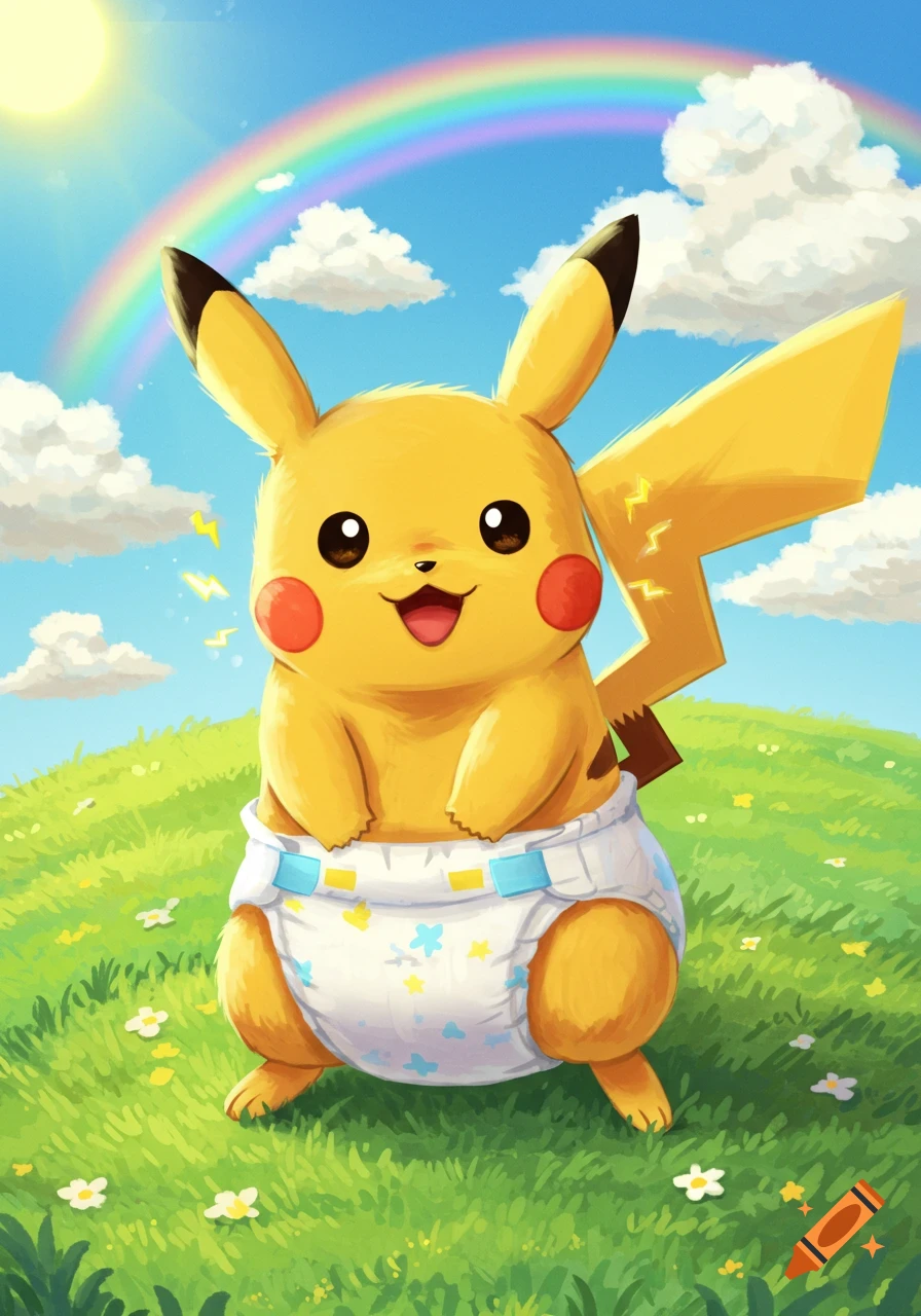 A cute, happy Pikachu wearing a white diaper with blue and yellow stars ...