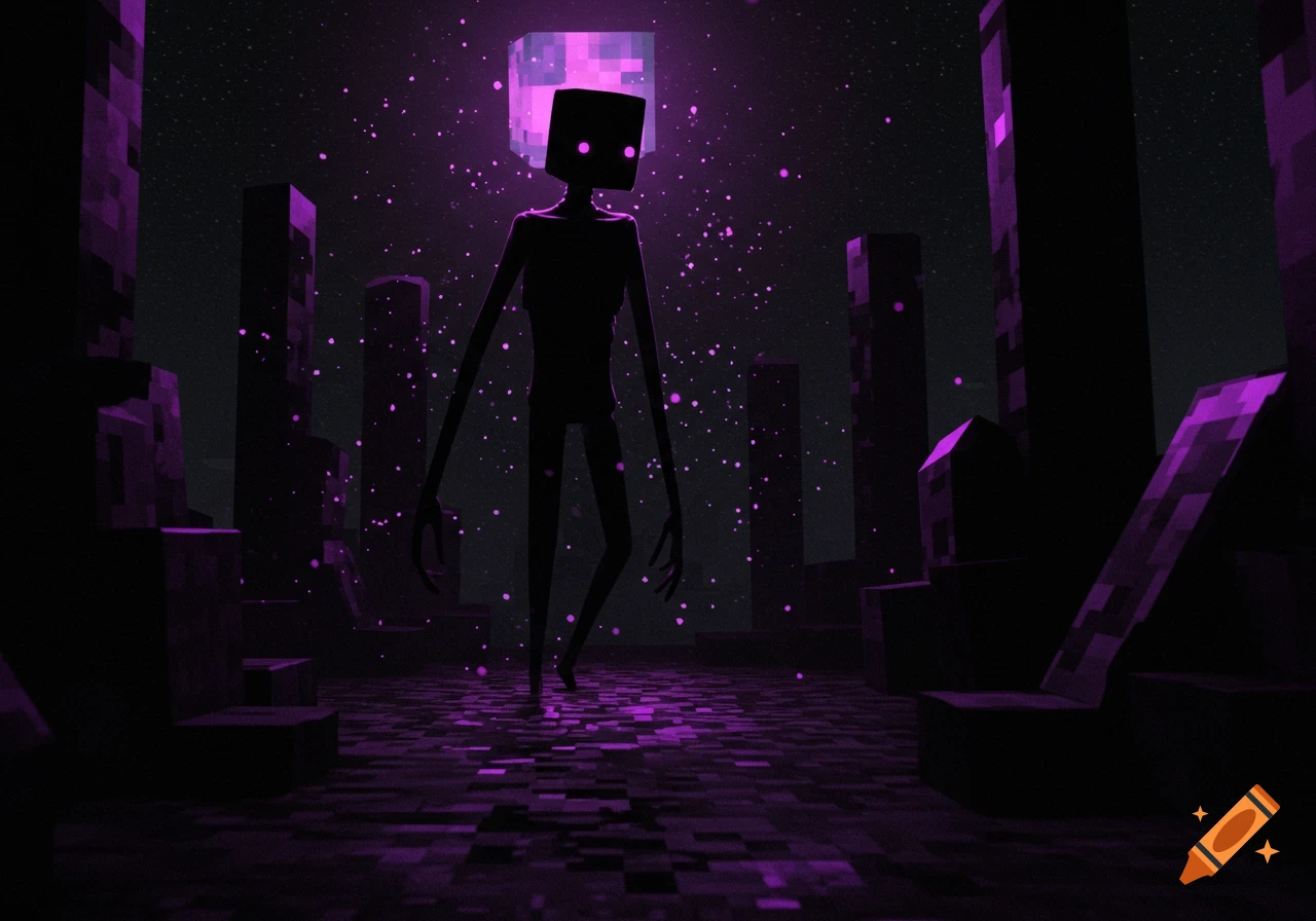 A tall, shadowy Minecraft Enderman with glowing purple eyes in a dark ...
