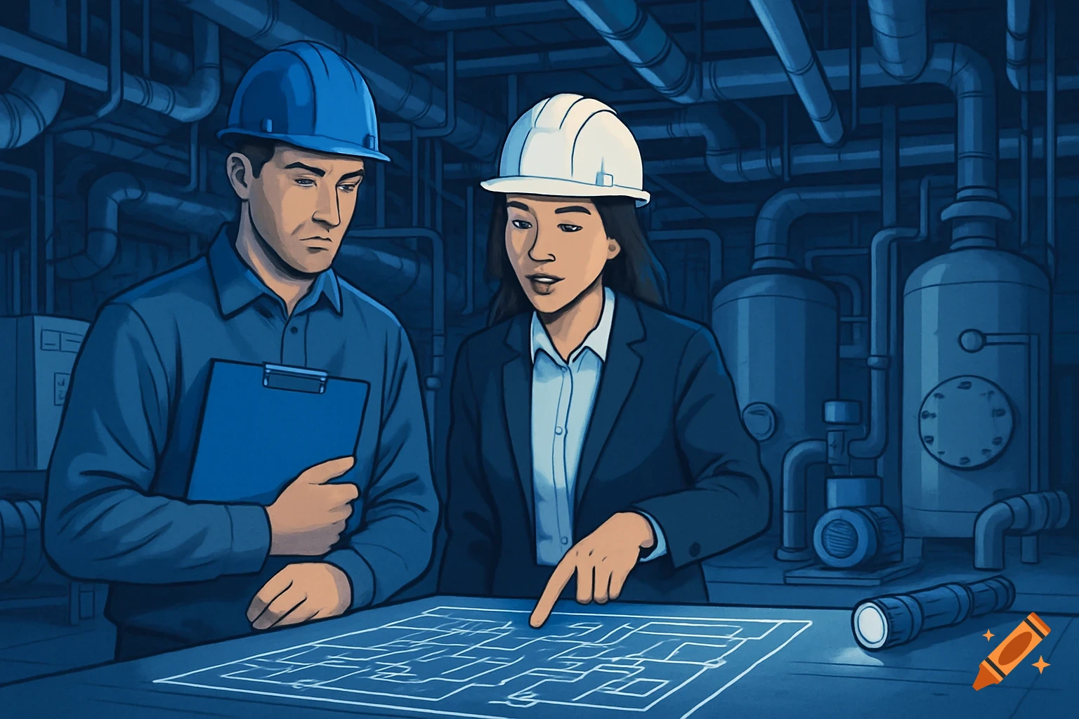 A male engineer and female project manager in hard hats look at a ...